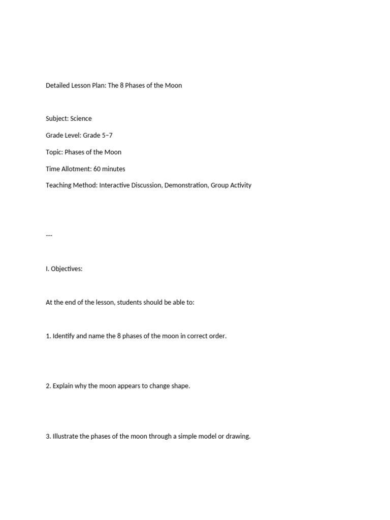 Lesson Plan 8 Phases of The Moon | PDF | Moon | Astronomy