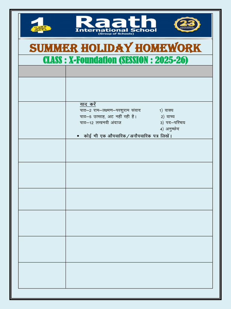 Class-10 Summer Holiday Homework (Foundation) | PDF