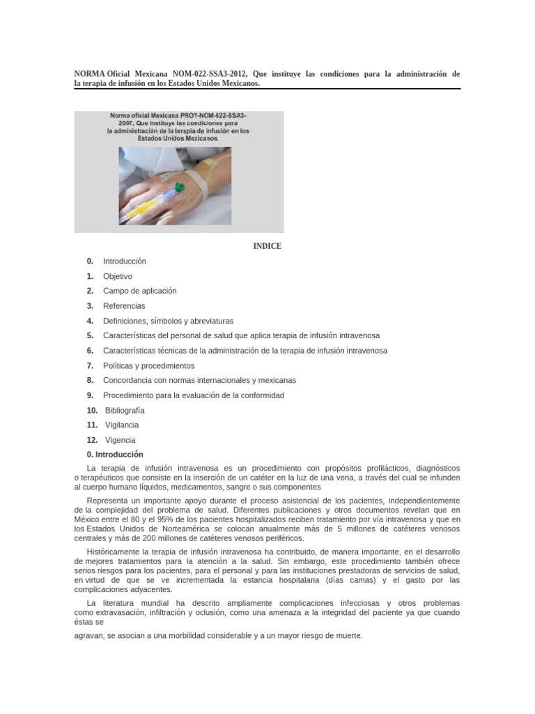 NORMA 022 Instalacion de Venoclisis | PDF | Terapia intravenosa | Medicina
