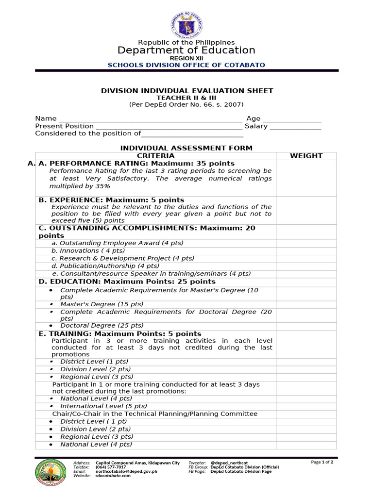 DepEd Individual Evaluation Sheet | PDF