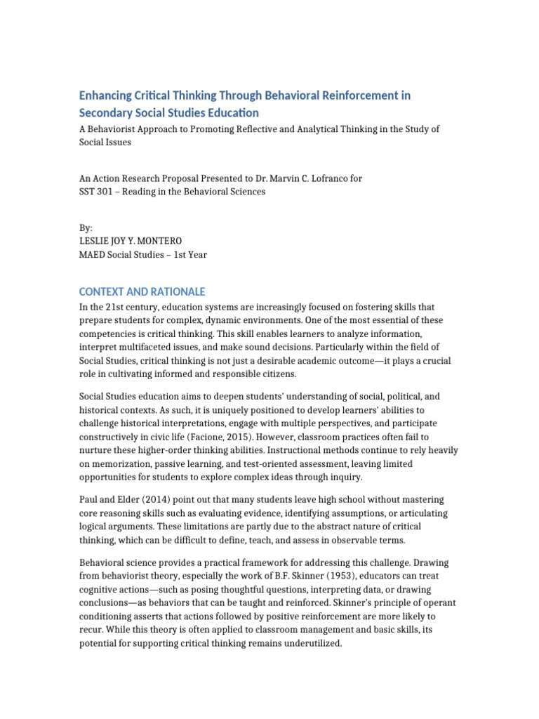 Rewritten_Action_Research_Proposal_Updated | PDF | Critical Thinking | Reinforcement