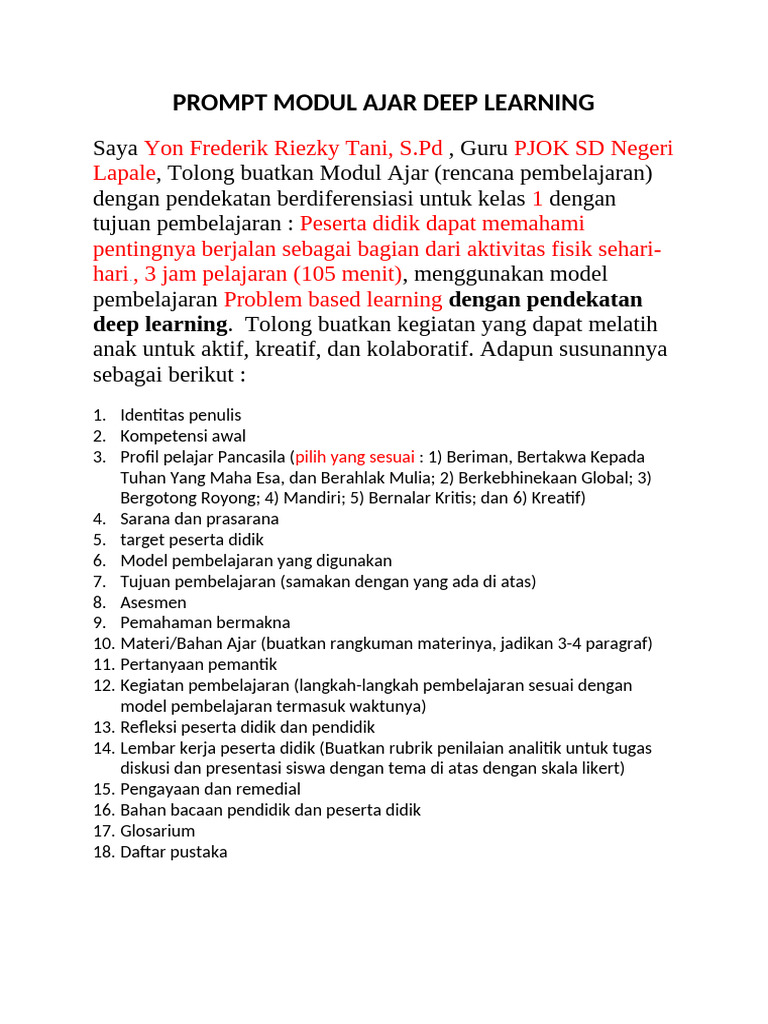 Contoh Prompt Modul Ajar Deep Learning | PDF