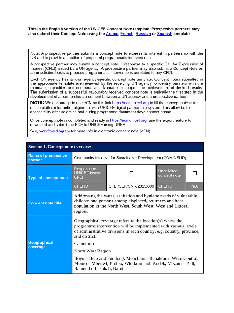 UNICEF WASH Concept Note Template | PDF | Wash | Sanitation