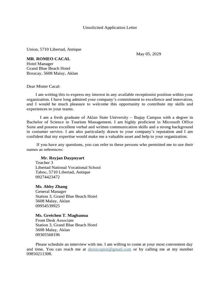 Unsolicited Receptionist Application Letter | PDF