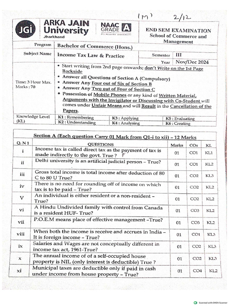 Income Tax Question Paper | PDF