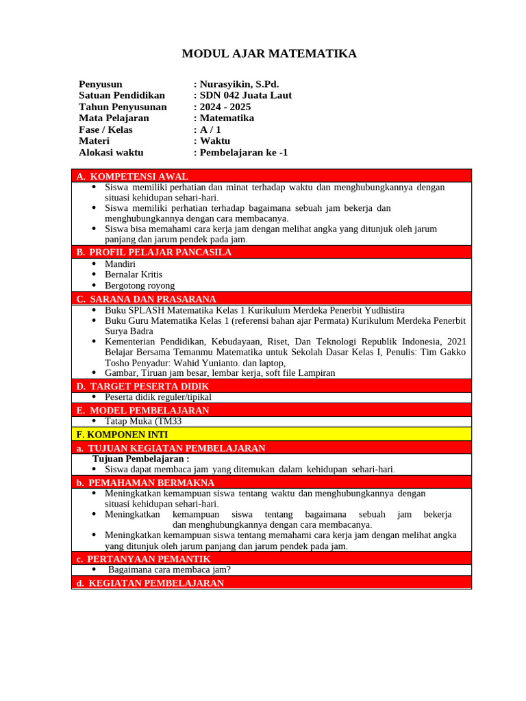 Modul Ajar Waktu Kelas 1 SD | PDF