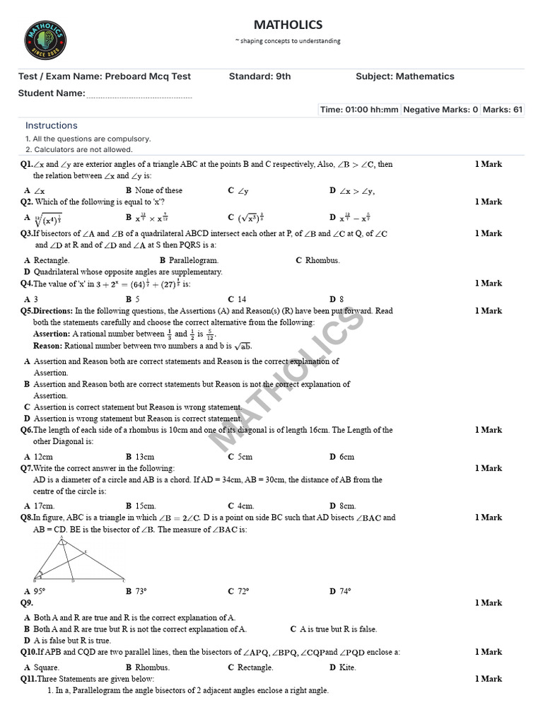 Geometry MCQ Test for 9th Grade | PDF | Triangle | Elementary Geometry