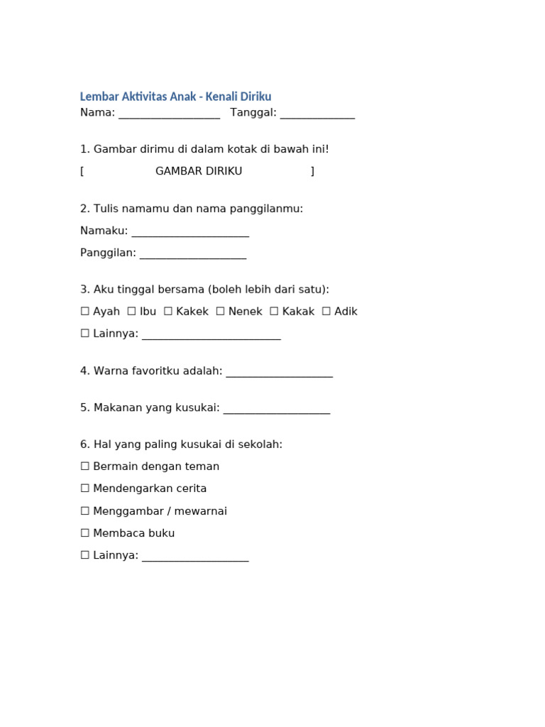 Lembar Aktivitas Kenali Diriku | PDF