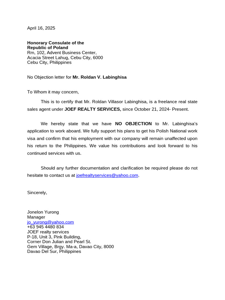 No Objection Letter for Roldan Labinghisa | PDF