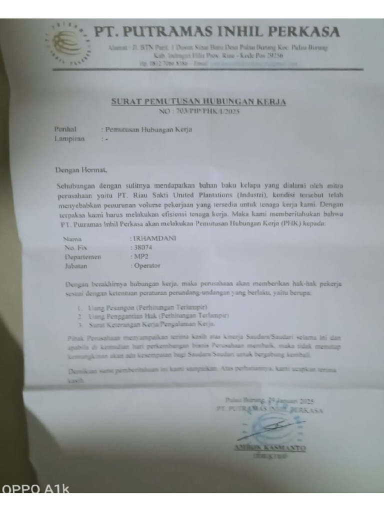 surat phk perusahaan | PDF