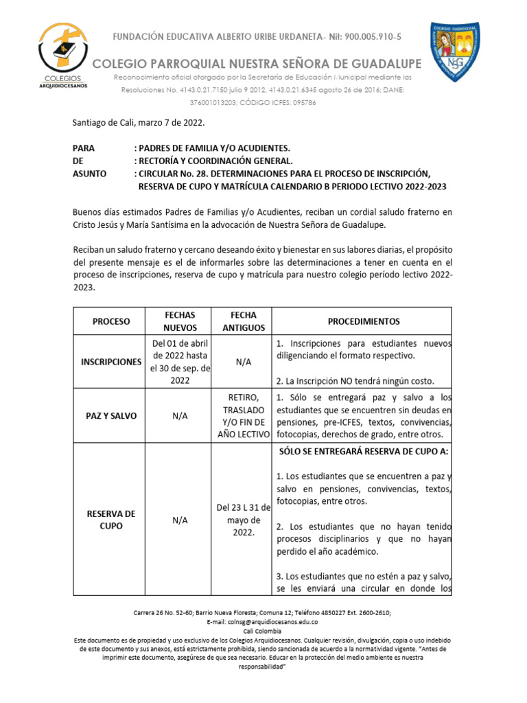 CIRCULAR No. 28. INFORMACIÓN PARA EL PROCESO DE INSCRIPCIÓN, RESERVA DE CUPO Y MATRÍCULA ...
