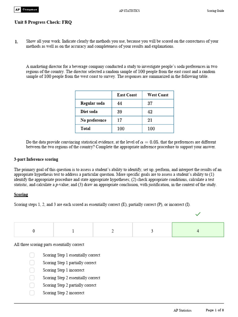 Unit 8 Progress Check - FRQ Scoring Guide | PDF | P Value | Chi Squared ...
