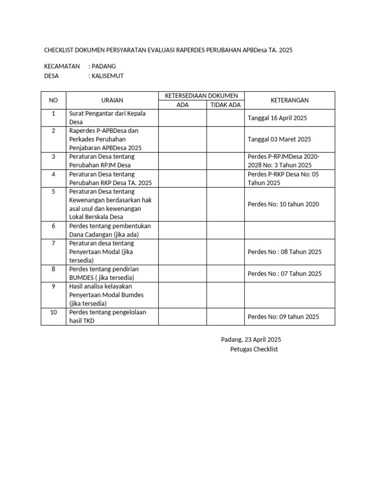 CHECKLIST DOKUMEN PERSYARATAN EVALUASI RAPERDES PERUBAHAN APBDesa TA | PDF
