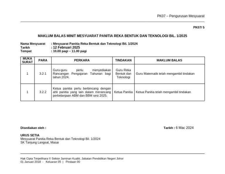 Maklum Balas Mesyuarat RBT 1 | PDF