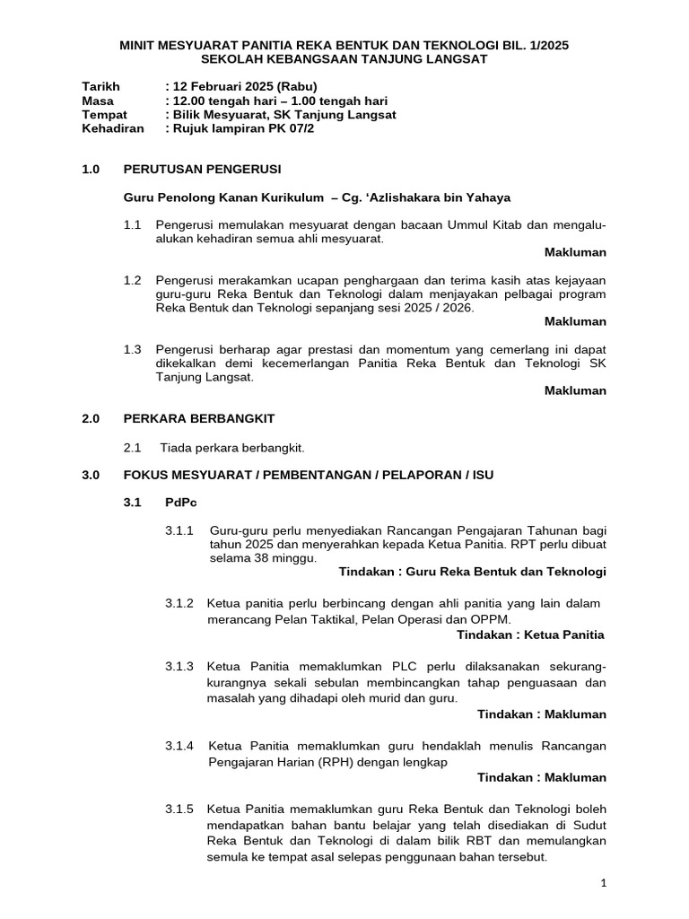 Minit Mesyuarat RBT Bil.1 2025 | PDF