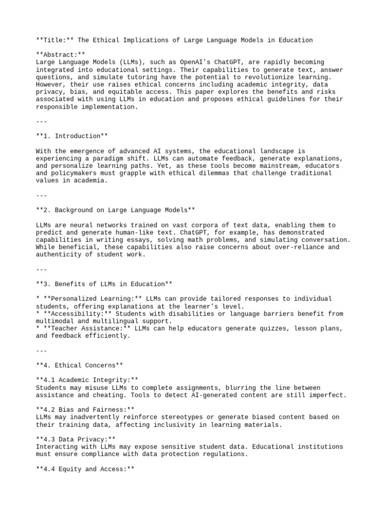 The Ethical Implications of Large Language Models in Education | PDF ...
