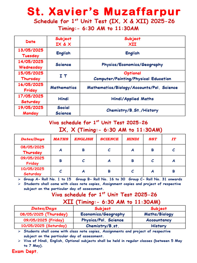 1st Unit Test Schedule-IX, X & XII | PDF