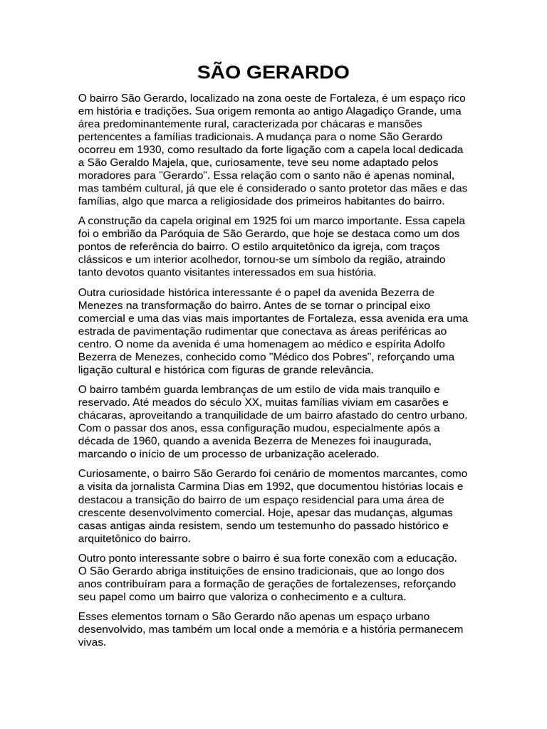Historia Do Bairro SÃO GERARDO | PDF
