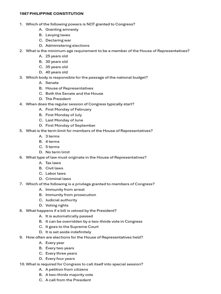 Philippine Constitution Quiz Questions | PDF | Presidents Of The United ...