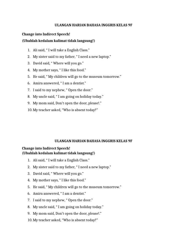 ULANGAN HARIAN BAHASA INGGRIS KELAS 9F Direct Speech | PDF
