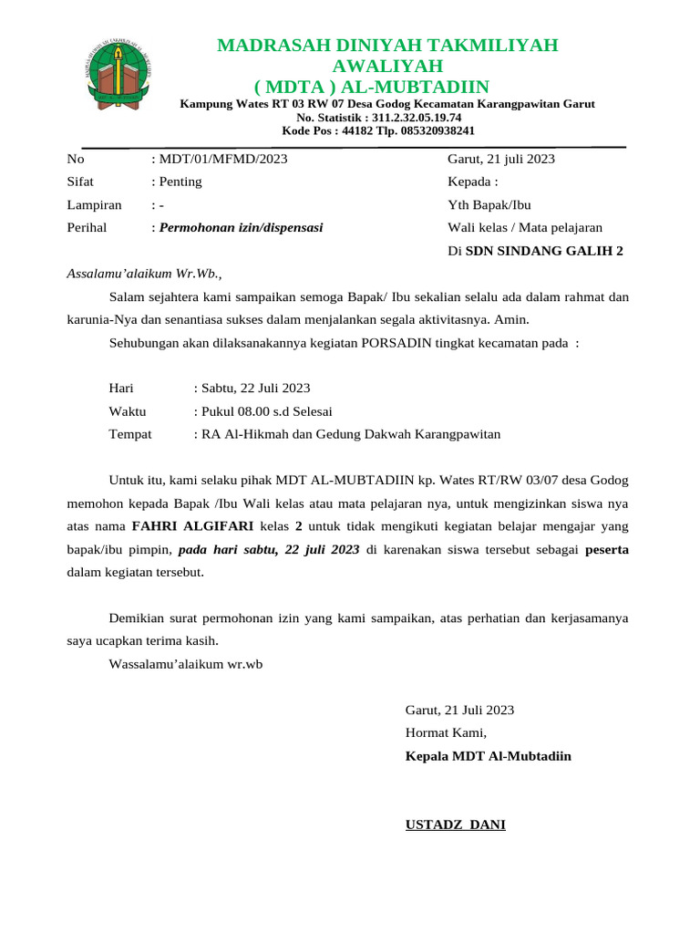 Permohonan Izin Kegiatan PORSADIN 2023 | PDF