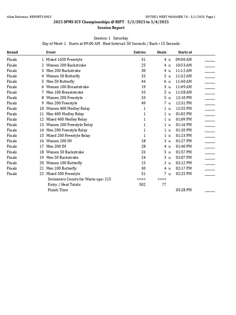 2025 Spms Scy Champs, Estimated Timeline 5-1-25 | PDF | Outdoor Recreation Techniques | Water Sports