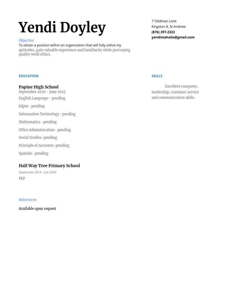 Yendi Doyley: Papine High School | PDF