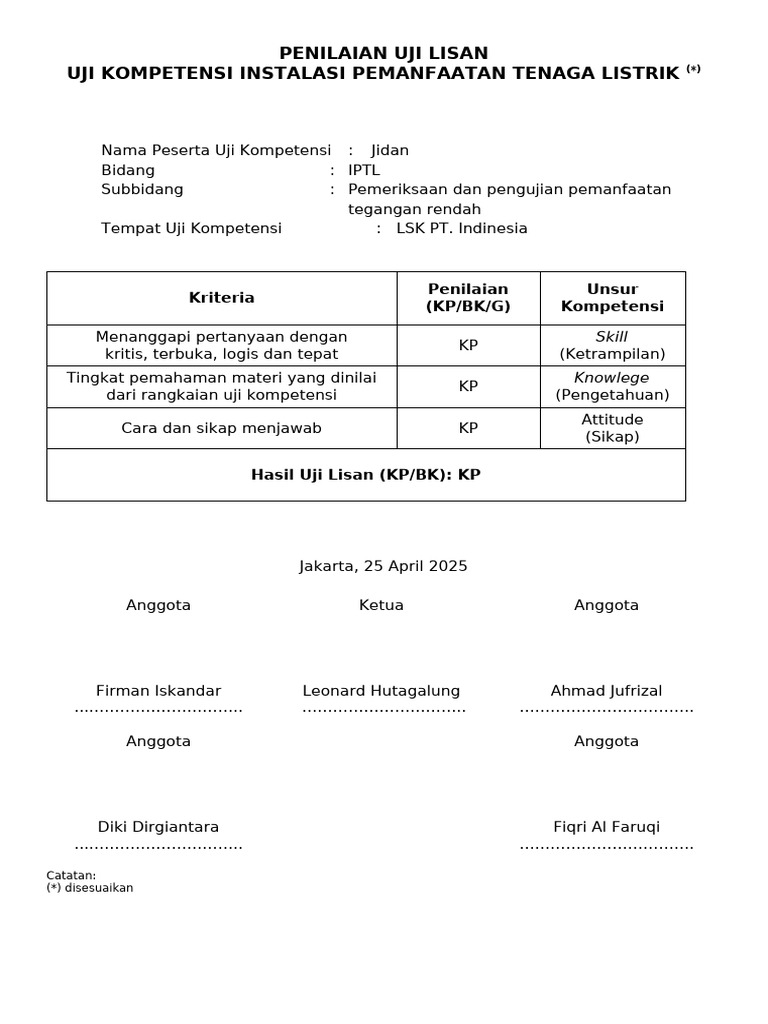 Penilaian Uji Lisan IPTL 2025 | PDF