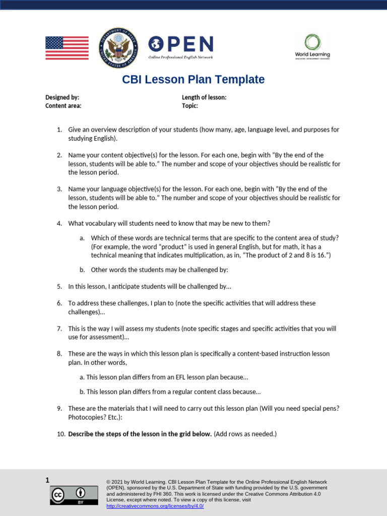 CBI Lesson Plan Template | PDF | Lesson Plan | Procedural Knowledge