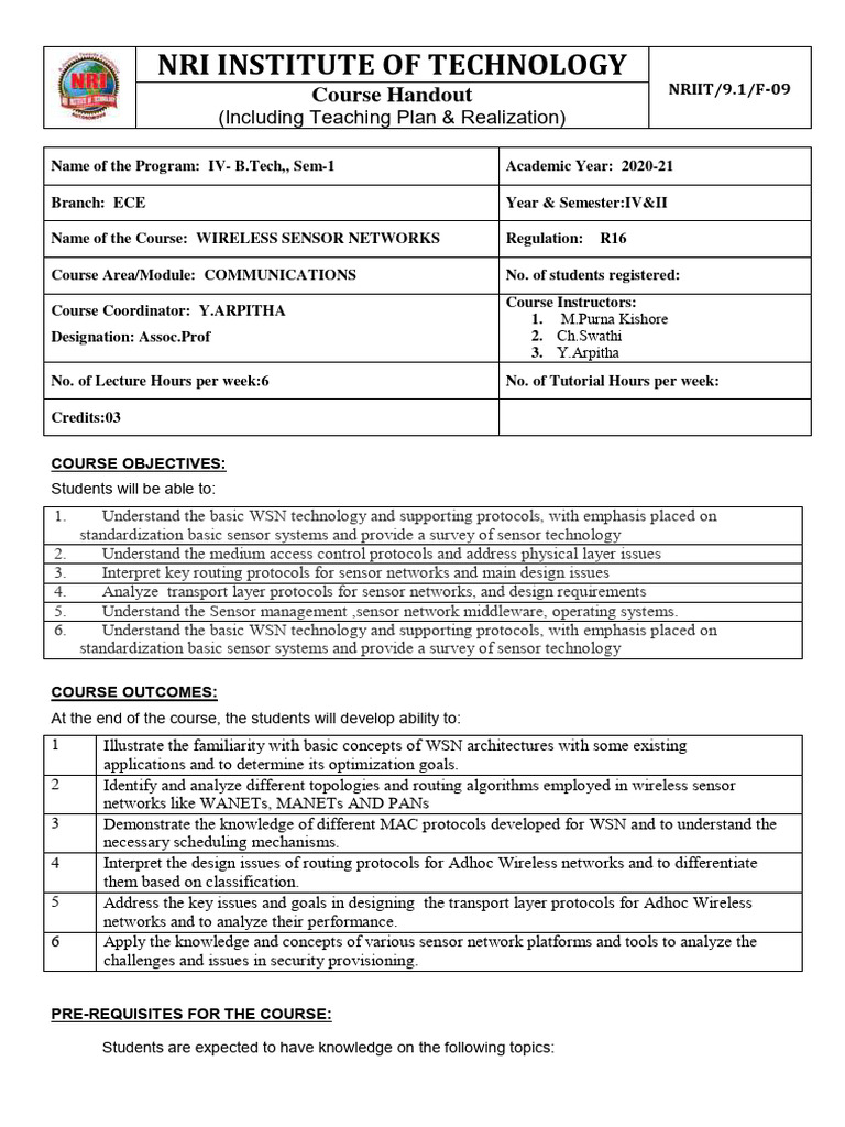 Nri Institute of Technology: Course Handout | PDF | Cellular Network | Radar