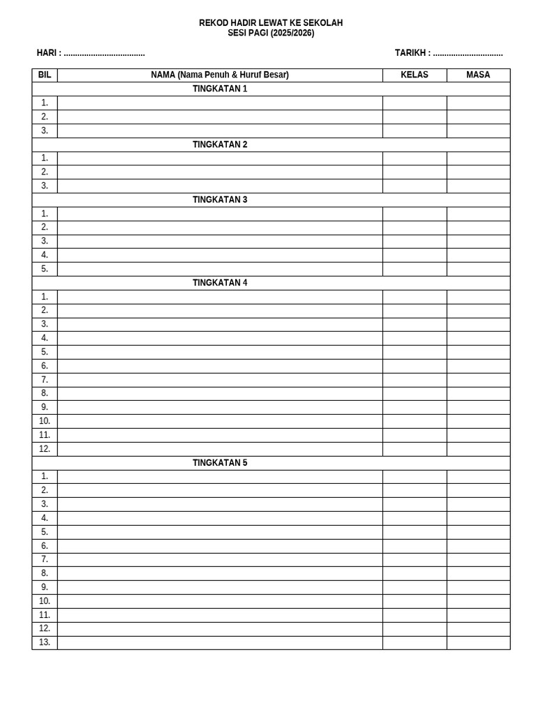 Borang Rekod Hadir Lewat Ke Sekolah | PDF