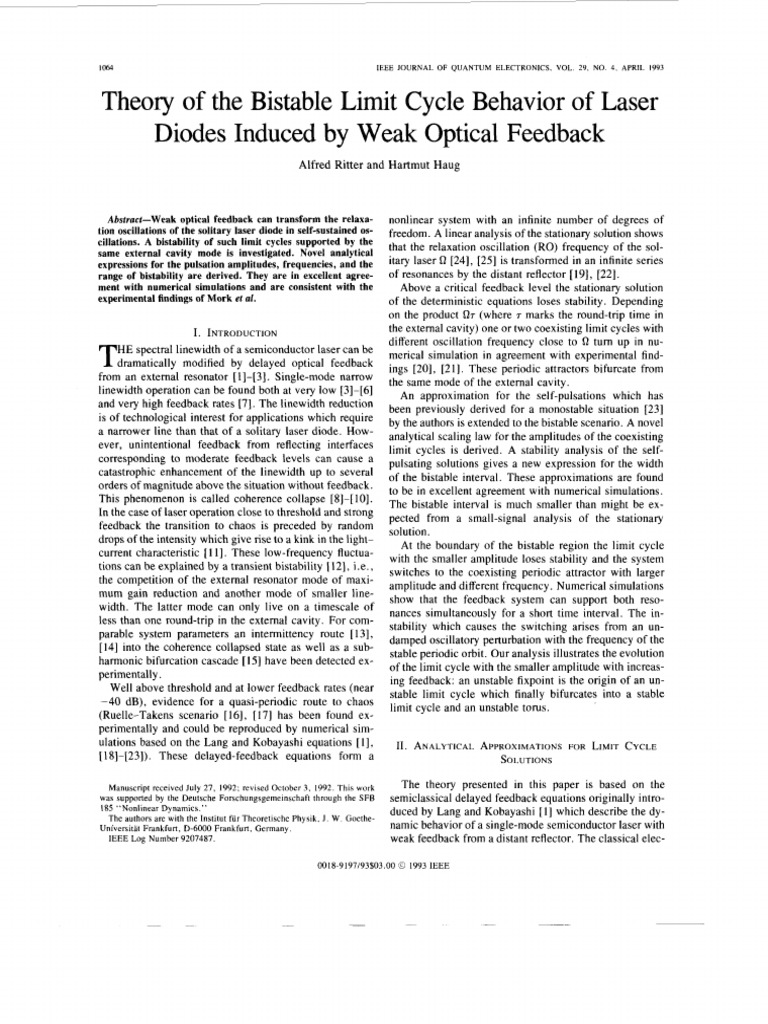 Theory of The Bistable Limit Cycle Behavior of Laser Diodes Induced by ...