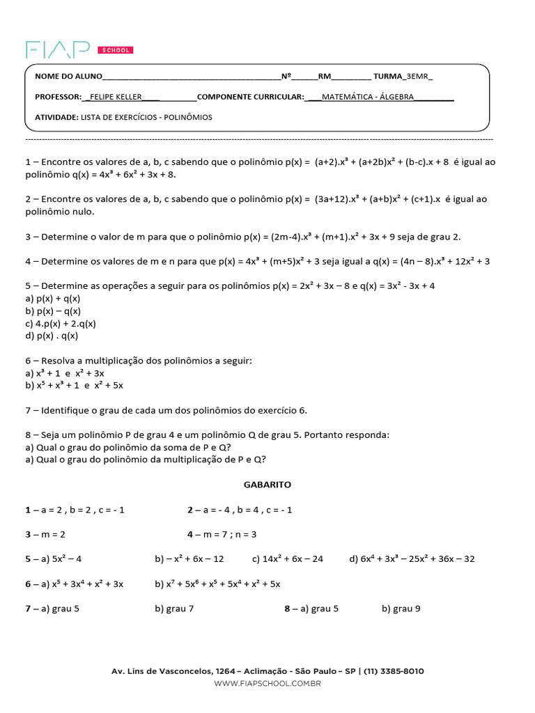 Lista Mat 03 Polinômios | PDF