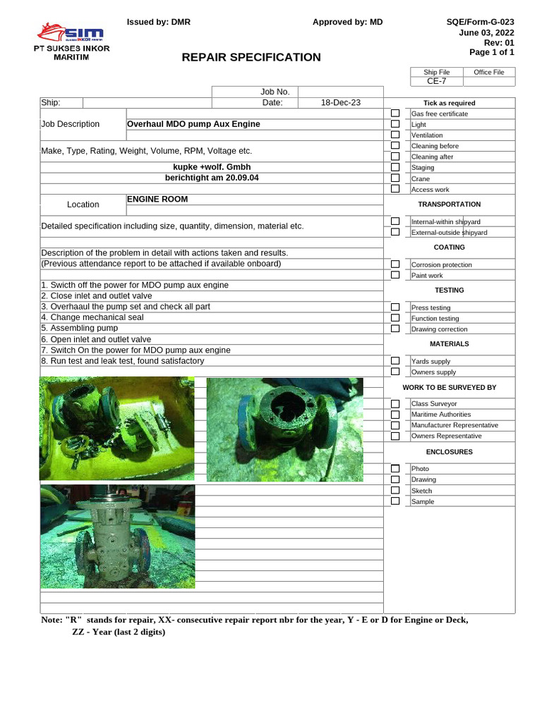 05 G-023 Repair Specification Rev 01 MDO Pump Aux Engine | PDF | Pump ...