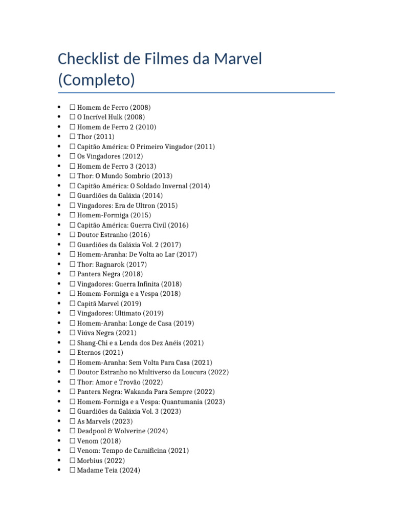 Checklist Completo dos Filmes da Marvel | PDF
