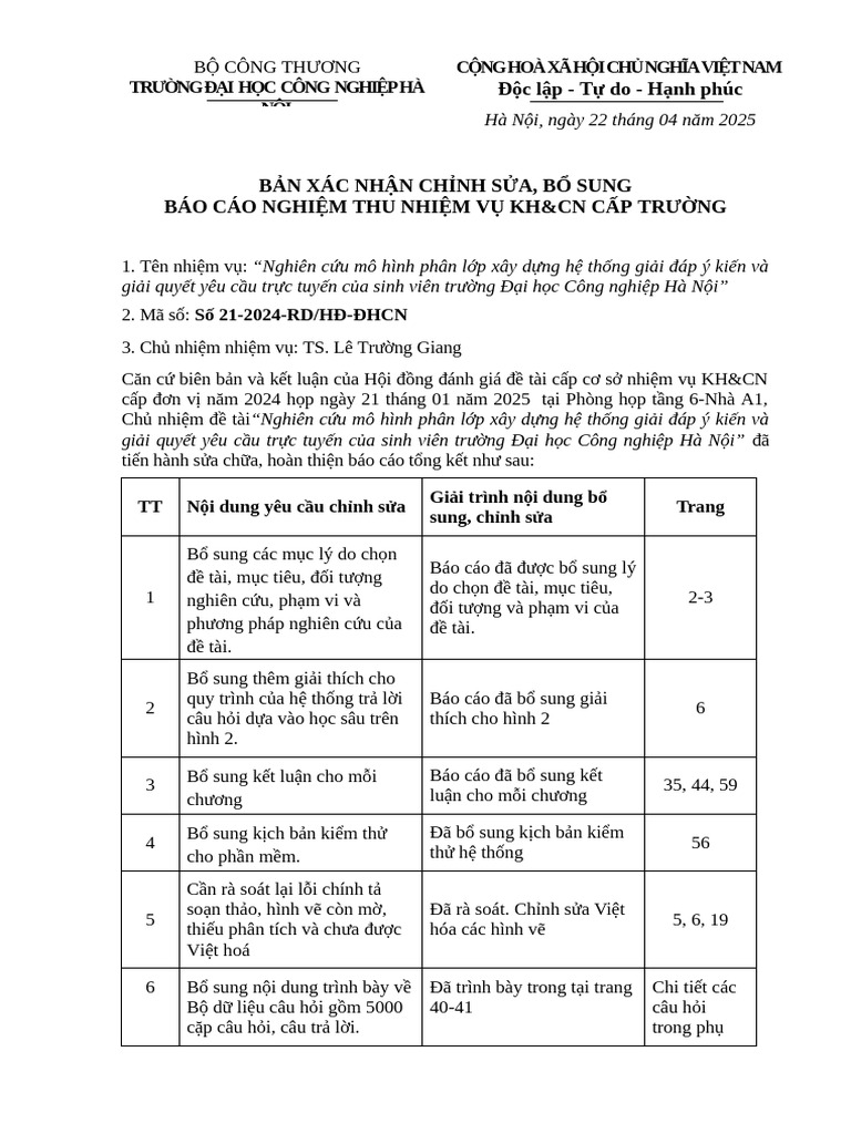 Xac Nhan Chinh Sua de Tai - Le Truong Giang 2025 | PDF