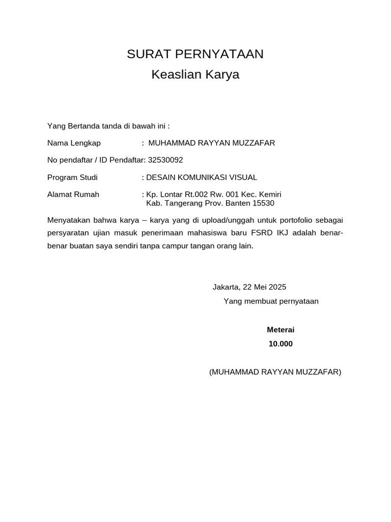 Surat - Pernyataan Keaslian Karya | PDF