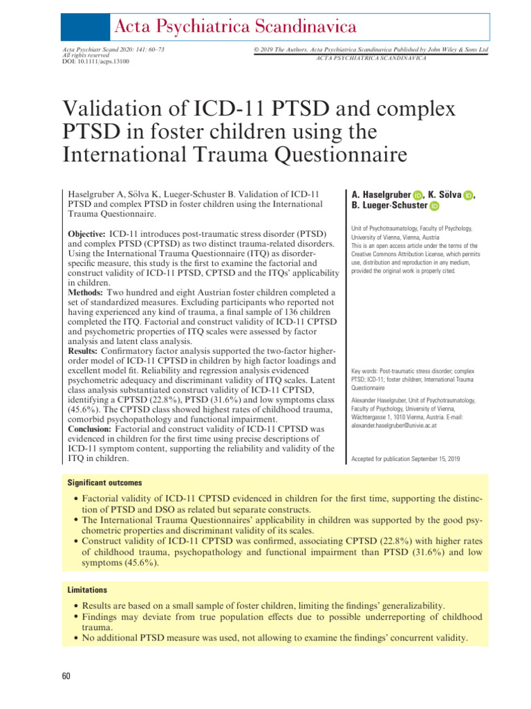 Article-Validation of ICD-11 PTSD and CPTSD in Foster Children Using ...