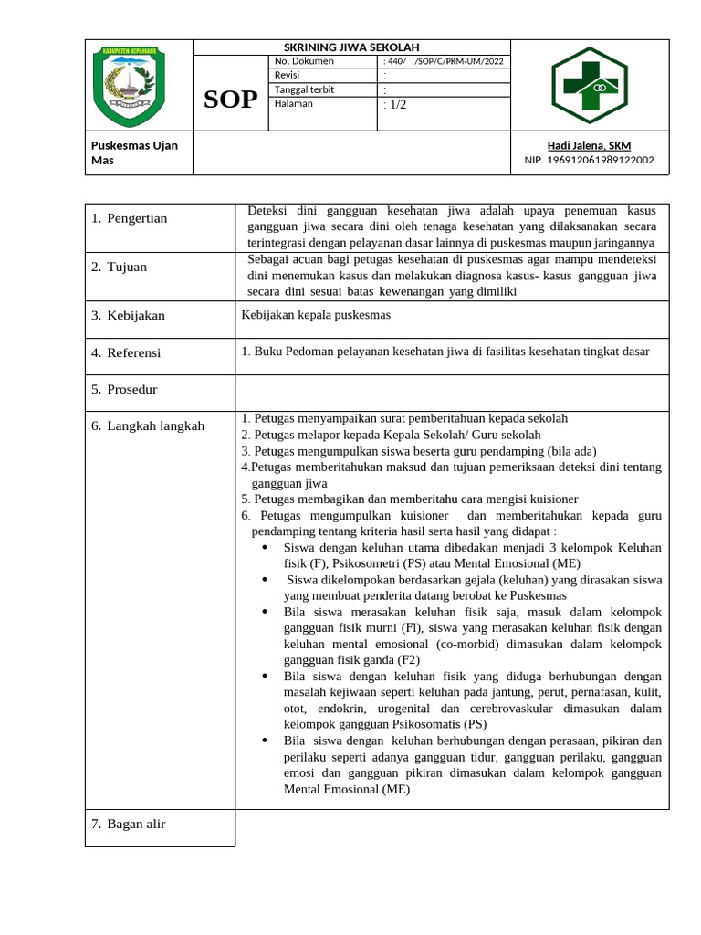 SOP Skrining Jiwa Disekolah | PDF