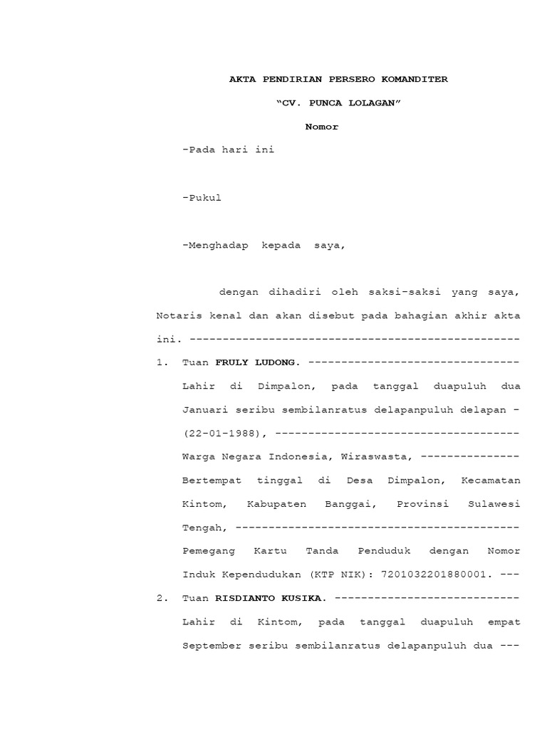 Akta Pendirian CV. Punca Lolagan | PDF