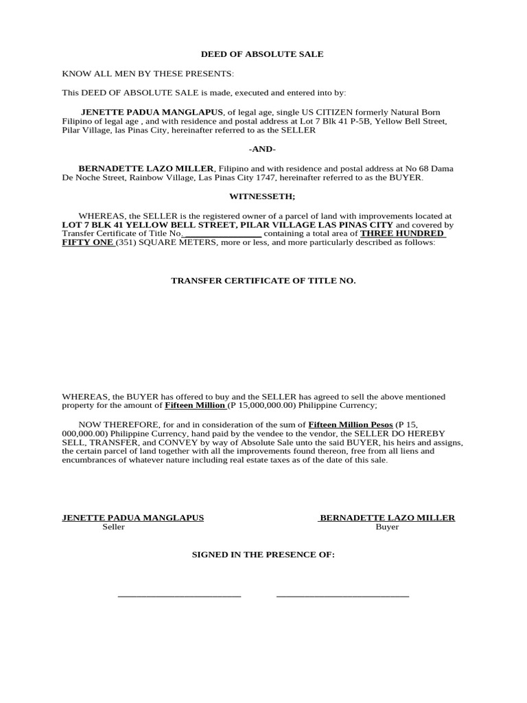 DEED OF ABSOLUTE SALE- MARISEL | PDF | Deed | Real Property Law
