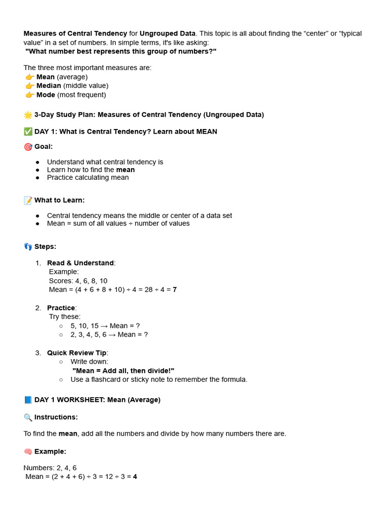 Measures of Central Tendency For Ungrouped Data | PDF | Mean ...