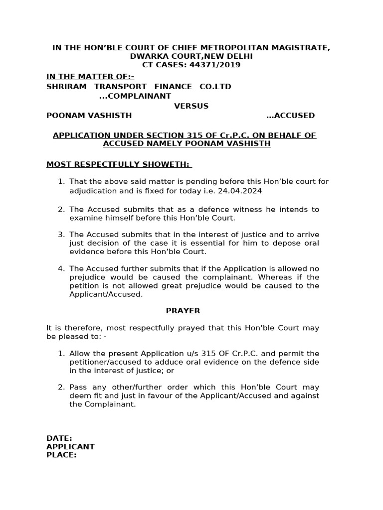 Application for Evidence Under CrPC 315 | PDF