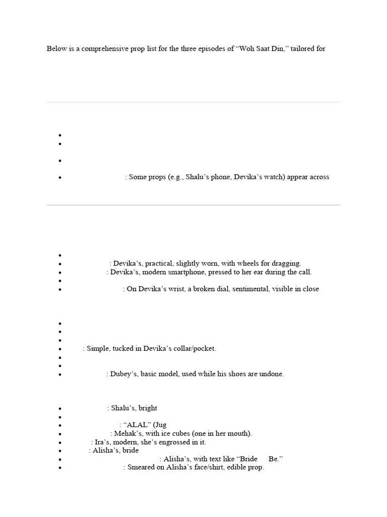 Prop List for "Woh Saat Din" Episodes | PDF