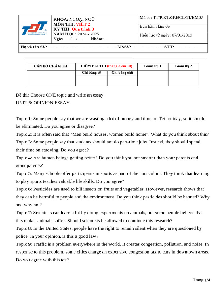 Topics For Writing 2 Unit 5 (30%) | PDF