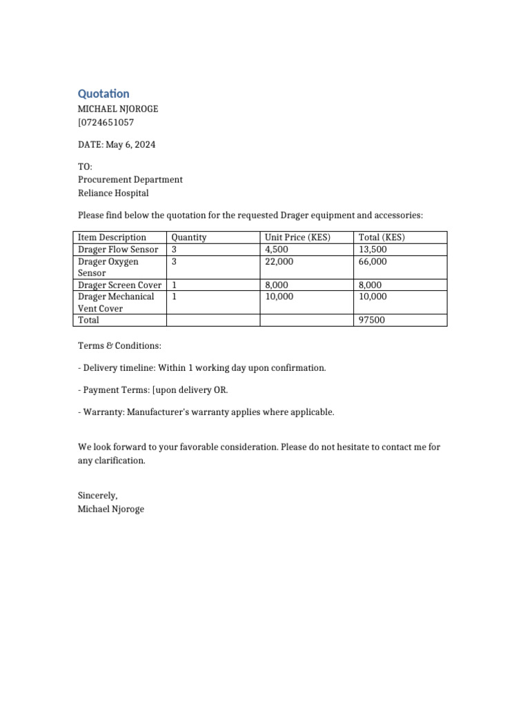 Quotation Michael Njoroge To Reliance Hospital | PDF