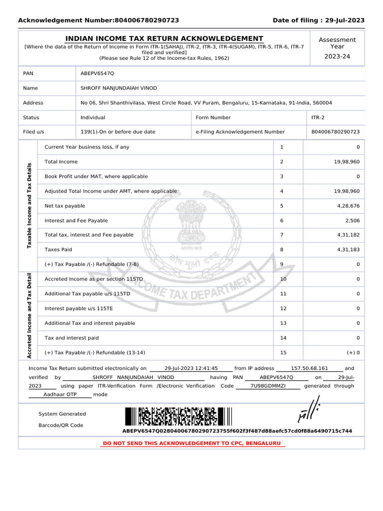 S N Vinod ITR 2022-23-Unlocked | PDF | Taxes | Money
