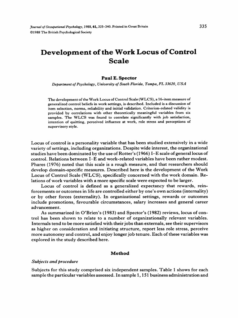 Development of Work Locus of Control Scale | PDF | Job Satisfaction ...