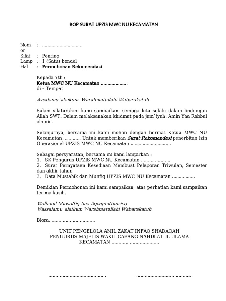 Surat Permohonan Rekomendasi MWC NU | PDF