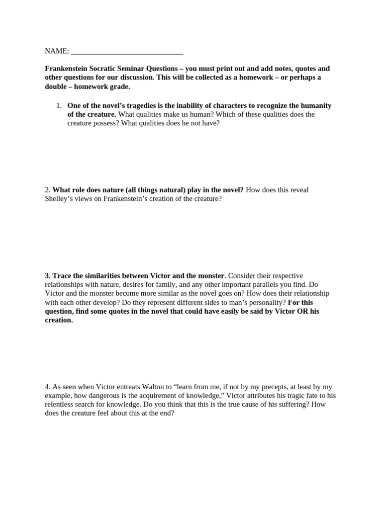 Frankenstein Socratic Seminar Questions | PDF